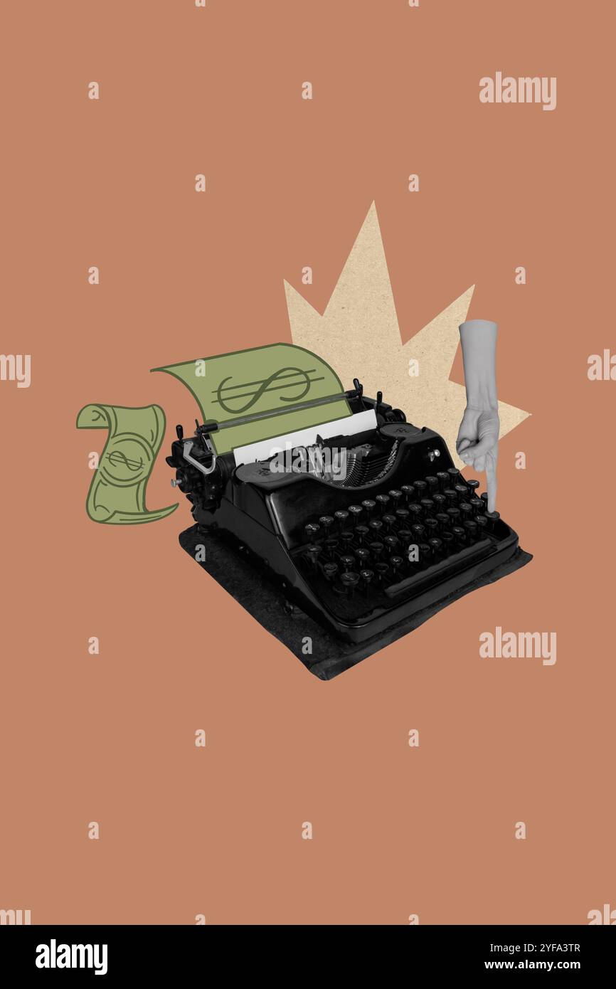 Collage image picture of hand typing texting writing machine typewriter ...