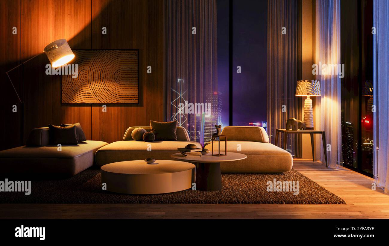 Warm and inviting living room scene illuminated by soft, warm light ...