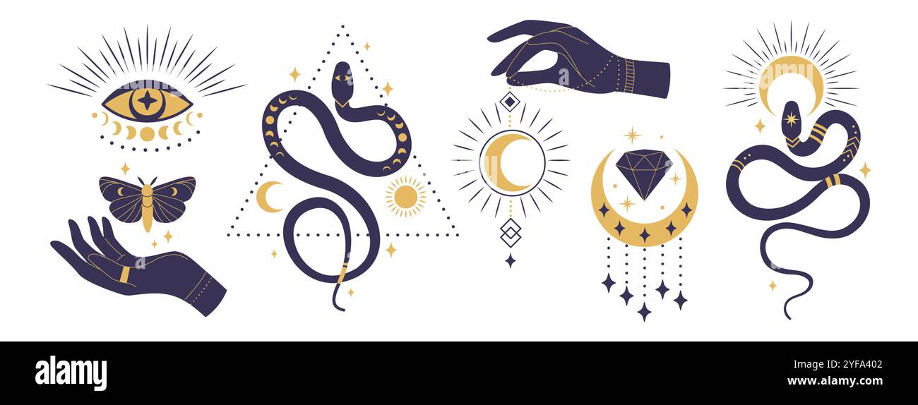 Mystic logo. Eye, female hand hold sun and snake icon, boho tarot moon ...