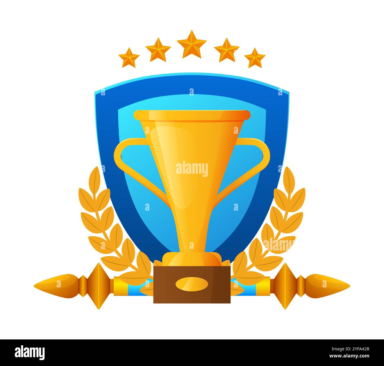 Winner emblem. Golden cup, blue shield and laurel wreath, stars. Sport ...