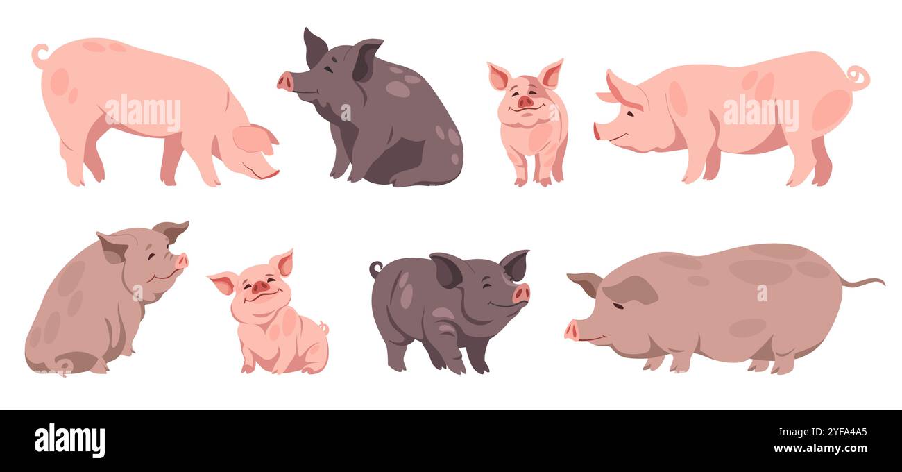 Cartoon pig. Little farm animal sitting isolated, cute baby pet in ...