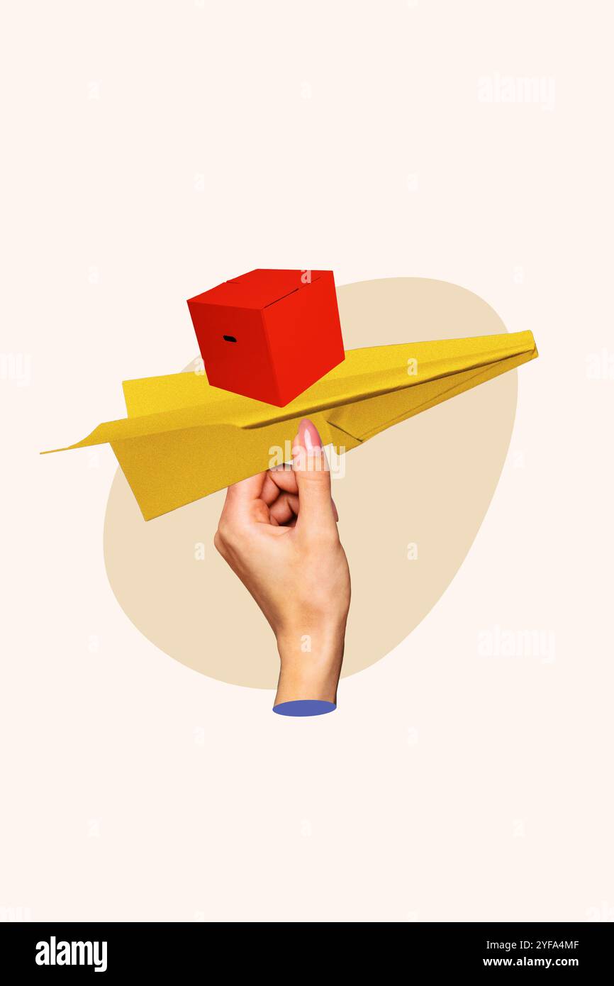 Vertical photo collage of hand hold paper plane parcel box shipment ...