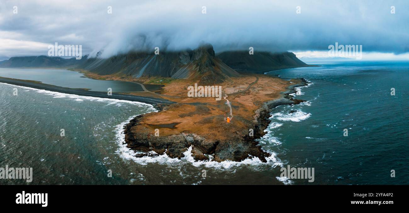 Aerial view of Eystrahorn mountain and coastal landscape on Stokksnes ...