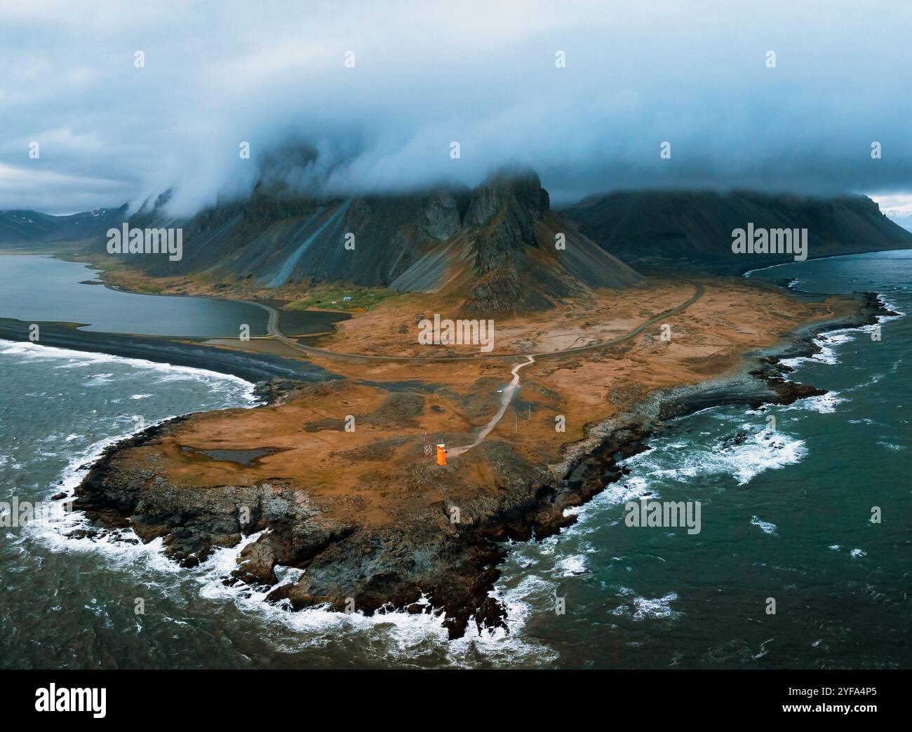 Aerial view of Eystrahorn mountain and coastal landscape on Stokksnes ...