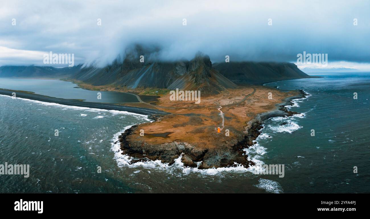 Aerial view of Eystrahorn mountain and coastal landscape on Stokksnes ...