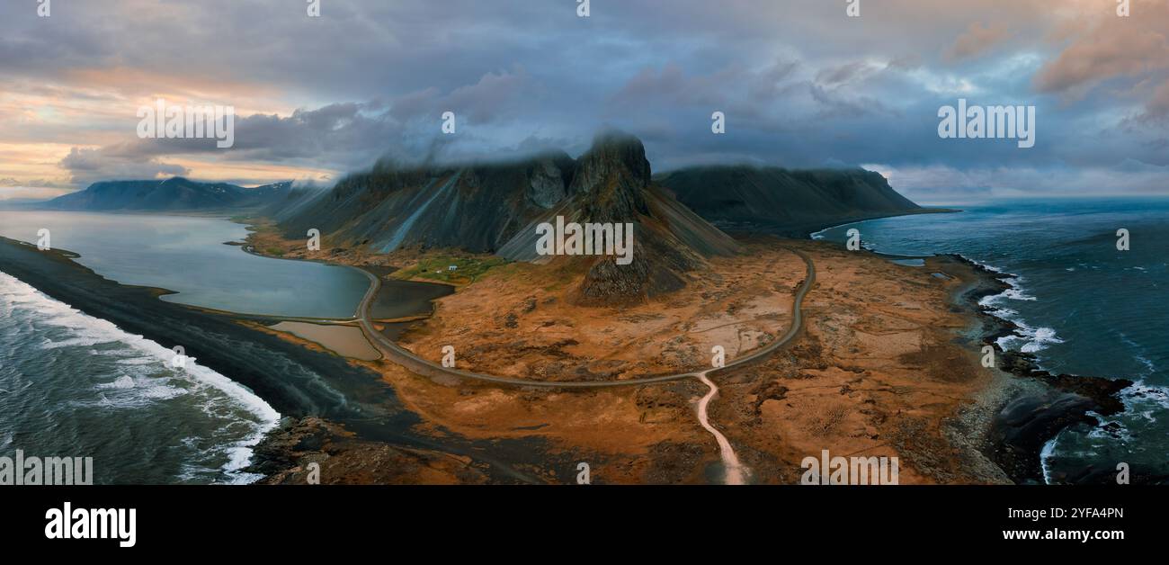 Aerial view of Eystrahorn mountain and coastal landscape on Stokksnes ...