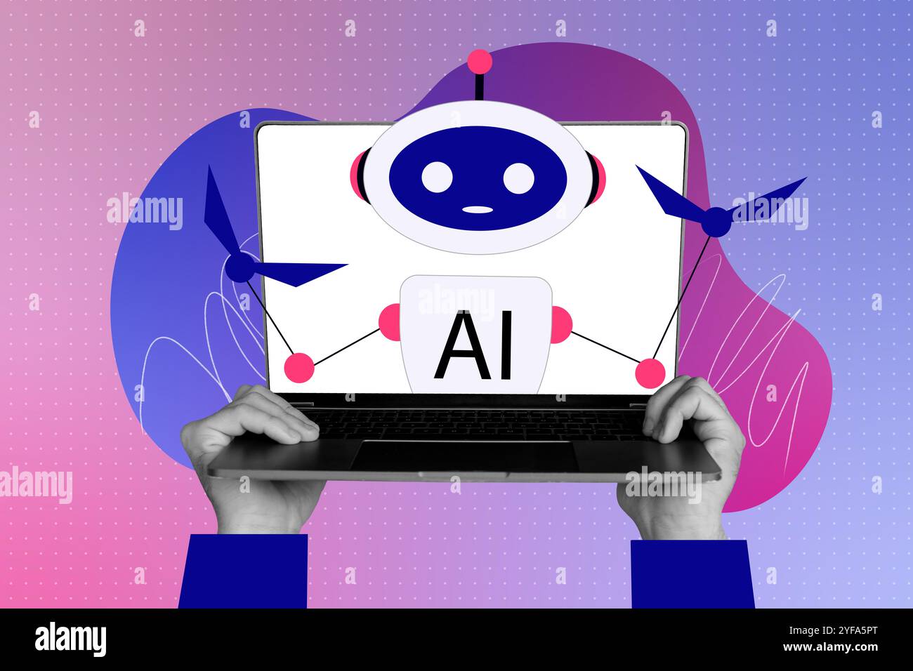 Composite photo collage of hands hold laptop device ai robot ...