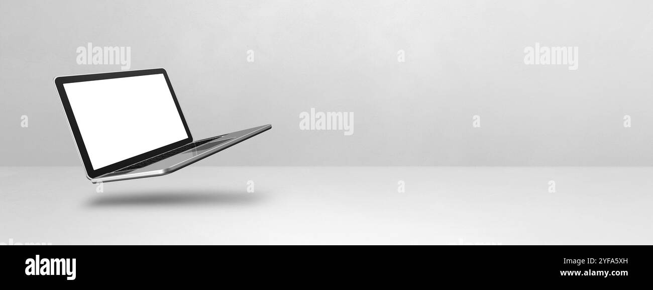 Blank computer laptop floating over a white background. 3D isolated ...