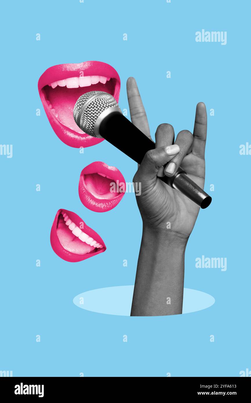 Vertical photo collage of faceless female mouth sing microphone concert ...