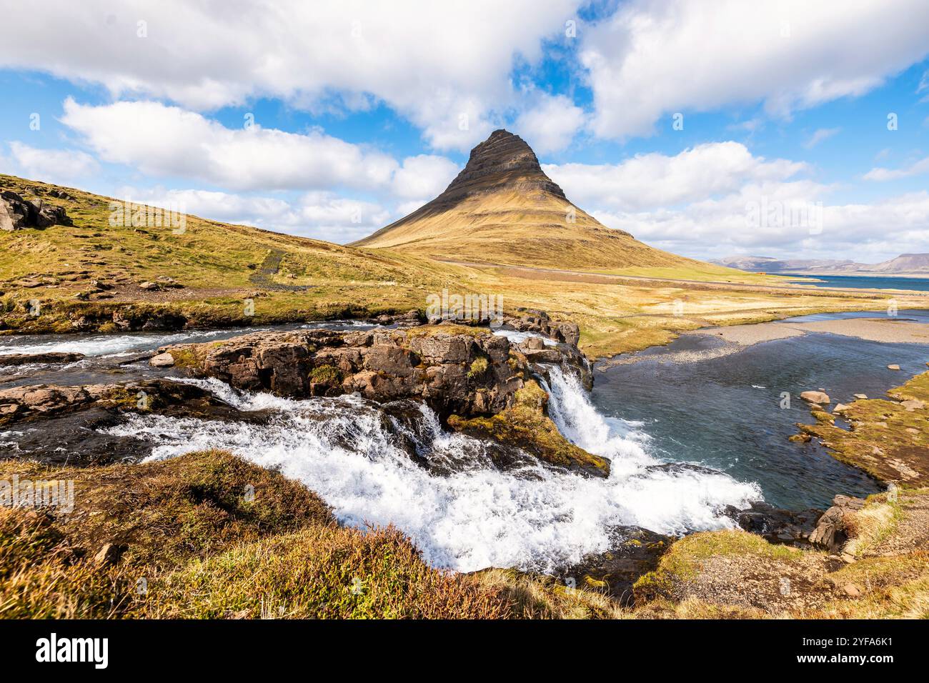 Panoramicview Of Kirkjufell Mountain And Kirkjufellsfoss Waterfall On
