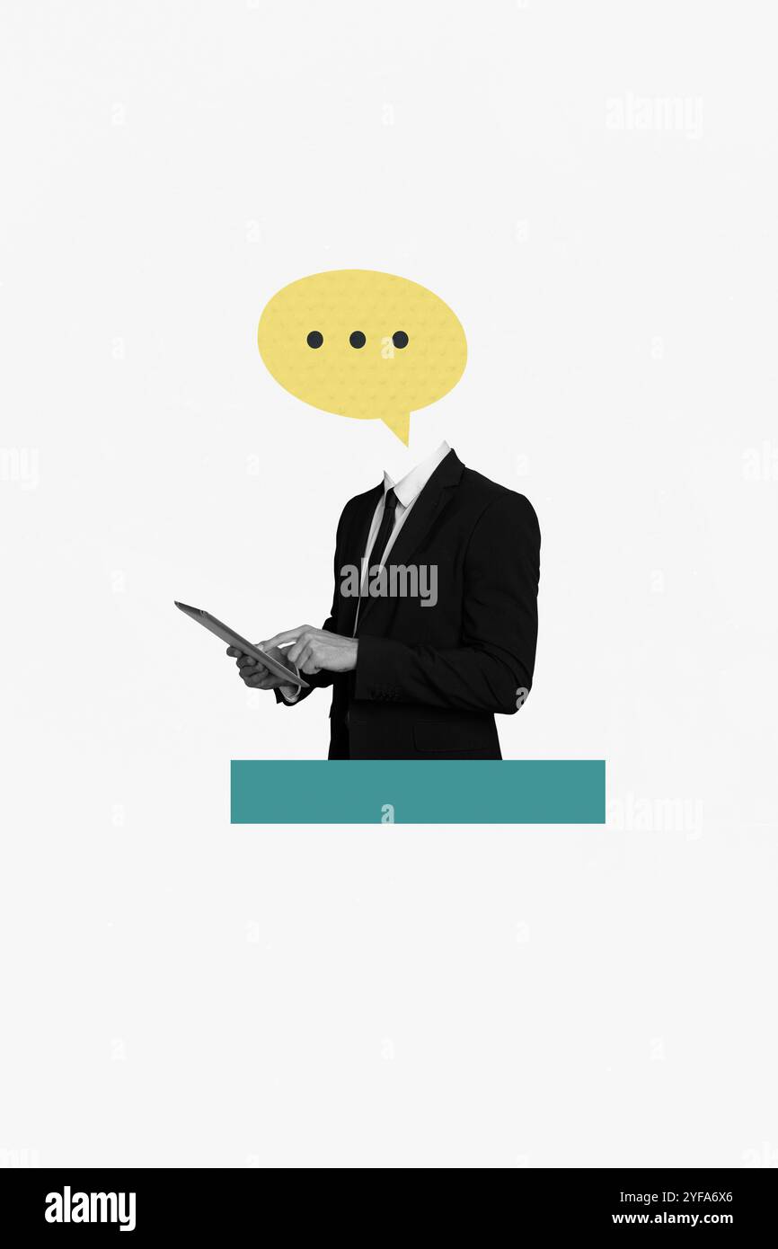 Collage image artwork of weird unusual man working modern device ipad ...