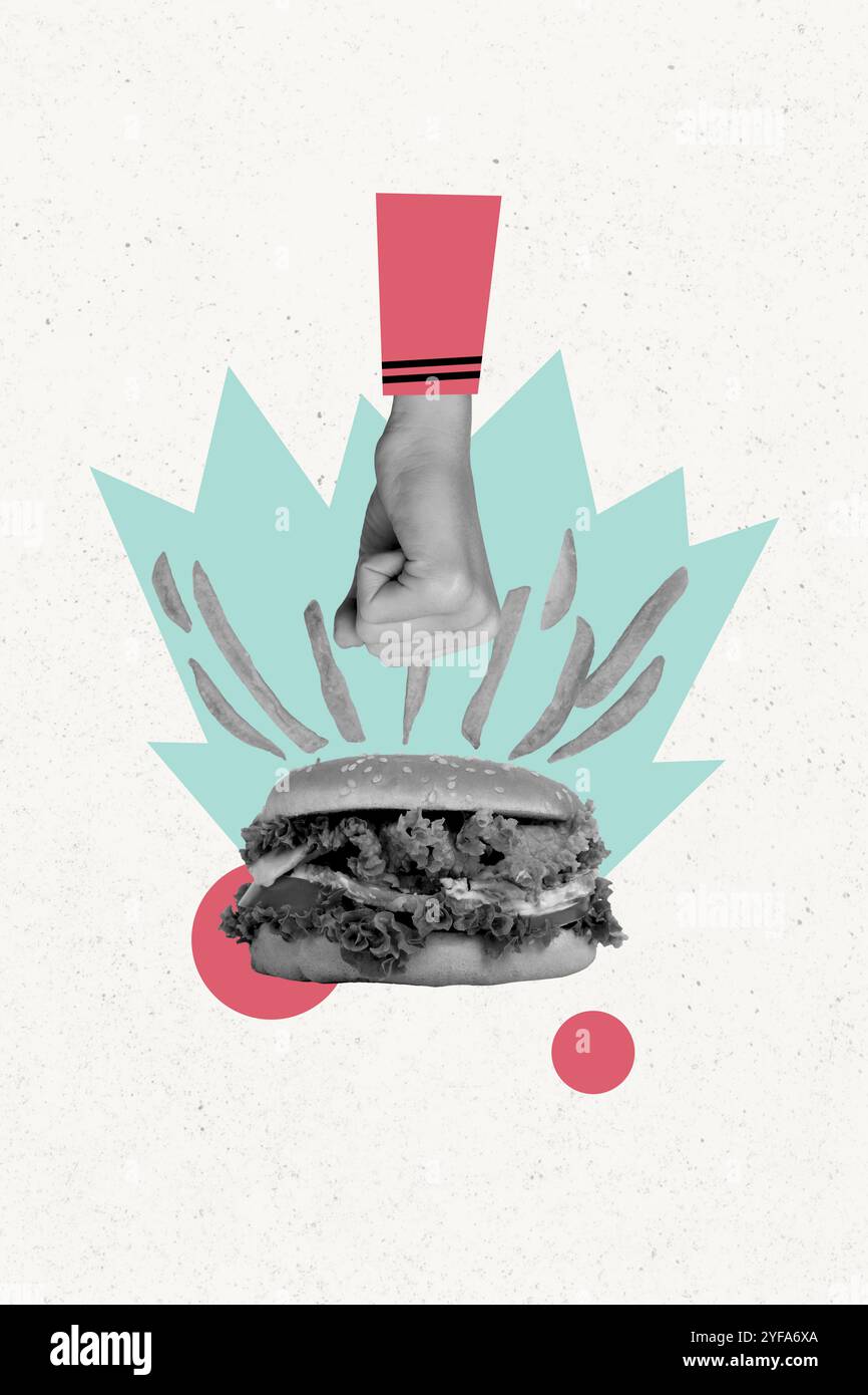 Vertical photo collage of hand show fist gesture fight fast food burger ...