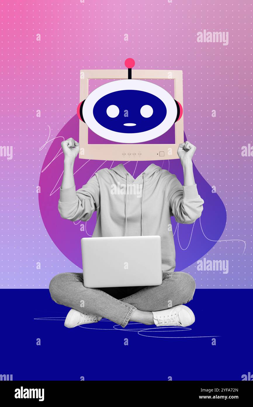 Vertical photo collage of headless girl robot gpt chat pc monitor laptop digital devices ...