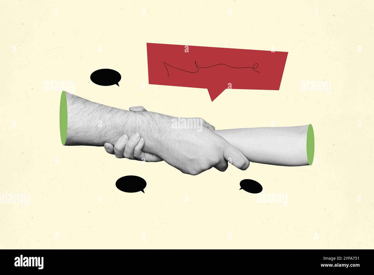 Composite photo collage of hands hold together bubble communication ...