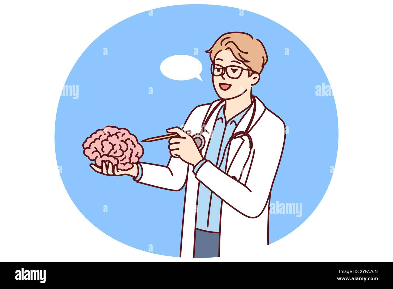 Doctor holds brain in hand explaining work of neurons to students of ...