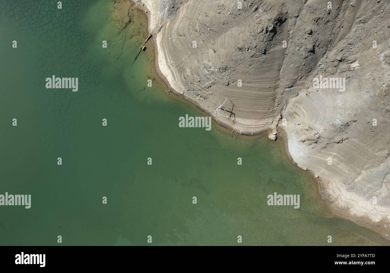 Drone aerial scenery of a toxic lake of an abandoned copper mine ...