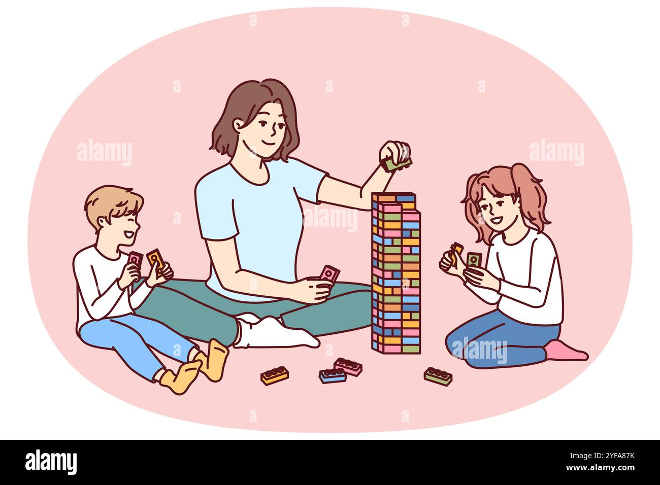 Woman babysitter together with kids plays constructor building tower of ...