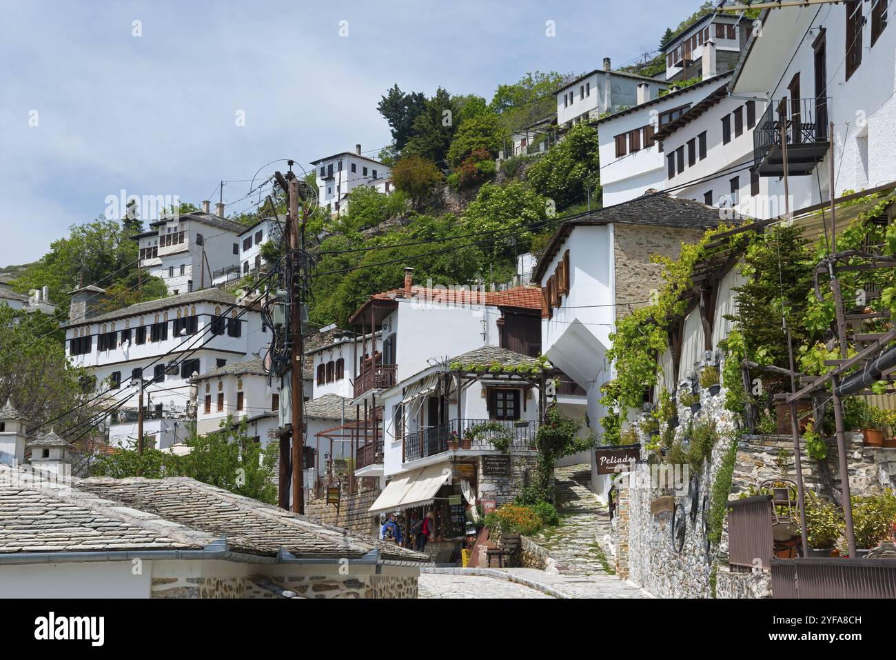 Picturesque village with traditional houses on a green hill, Makrinitsa ...