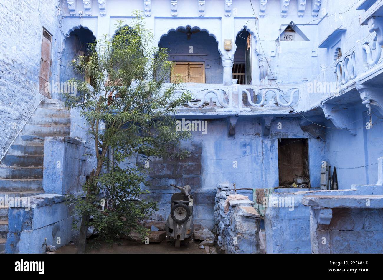 Architectural front view of a traditional blue house in India Stock ...