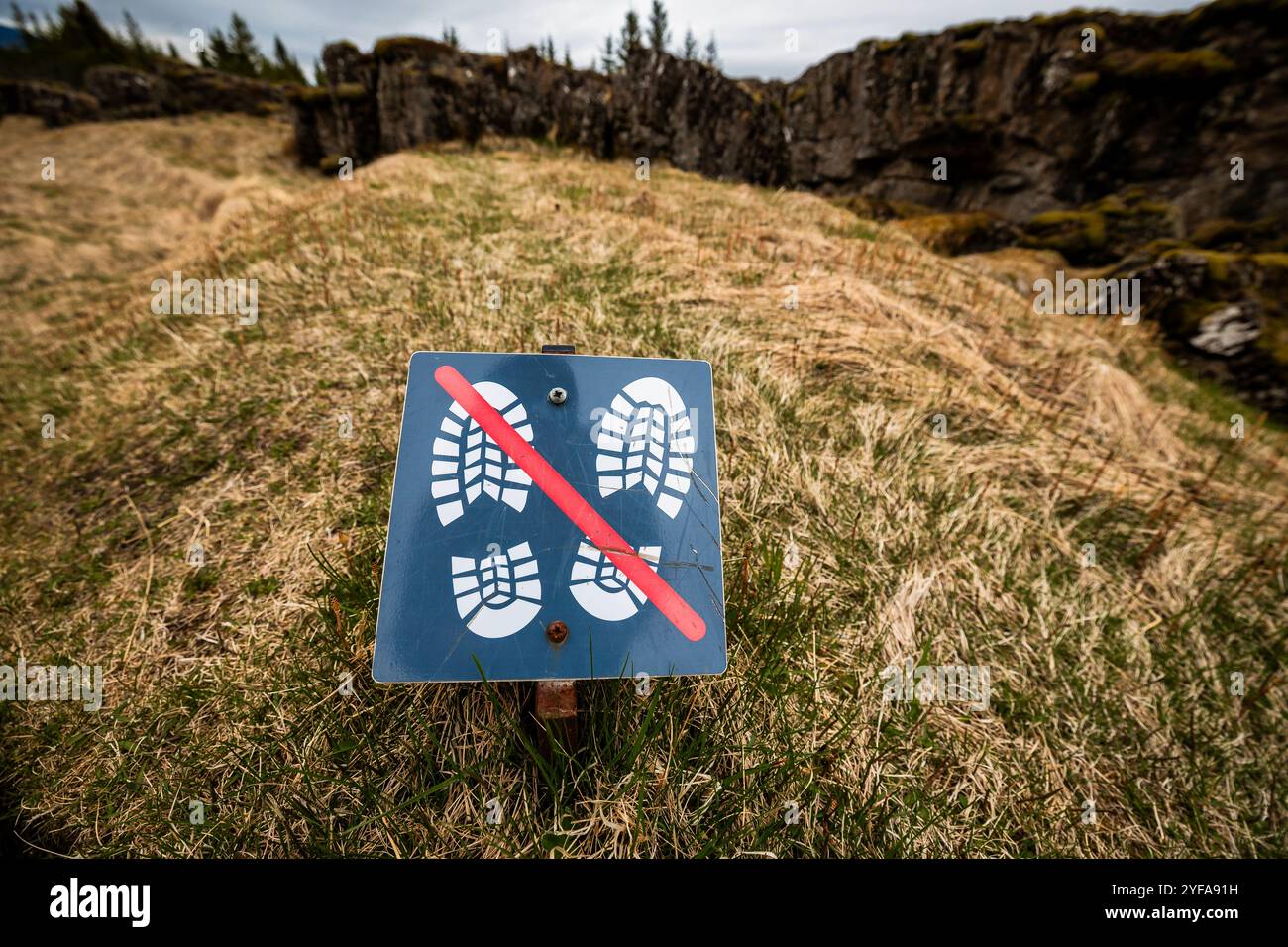 No walking sign on grass in an Icelandic landscape Stock Photo - Alamy