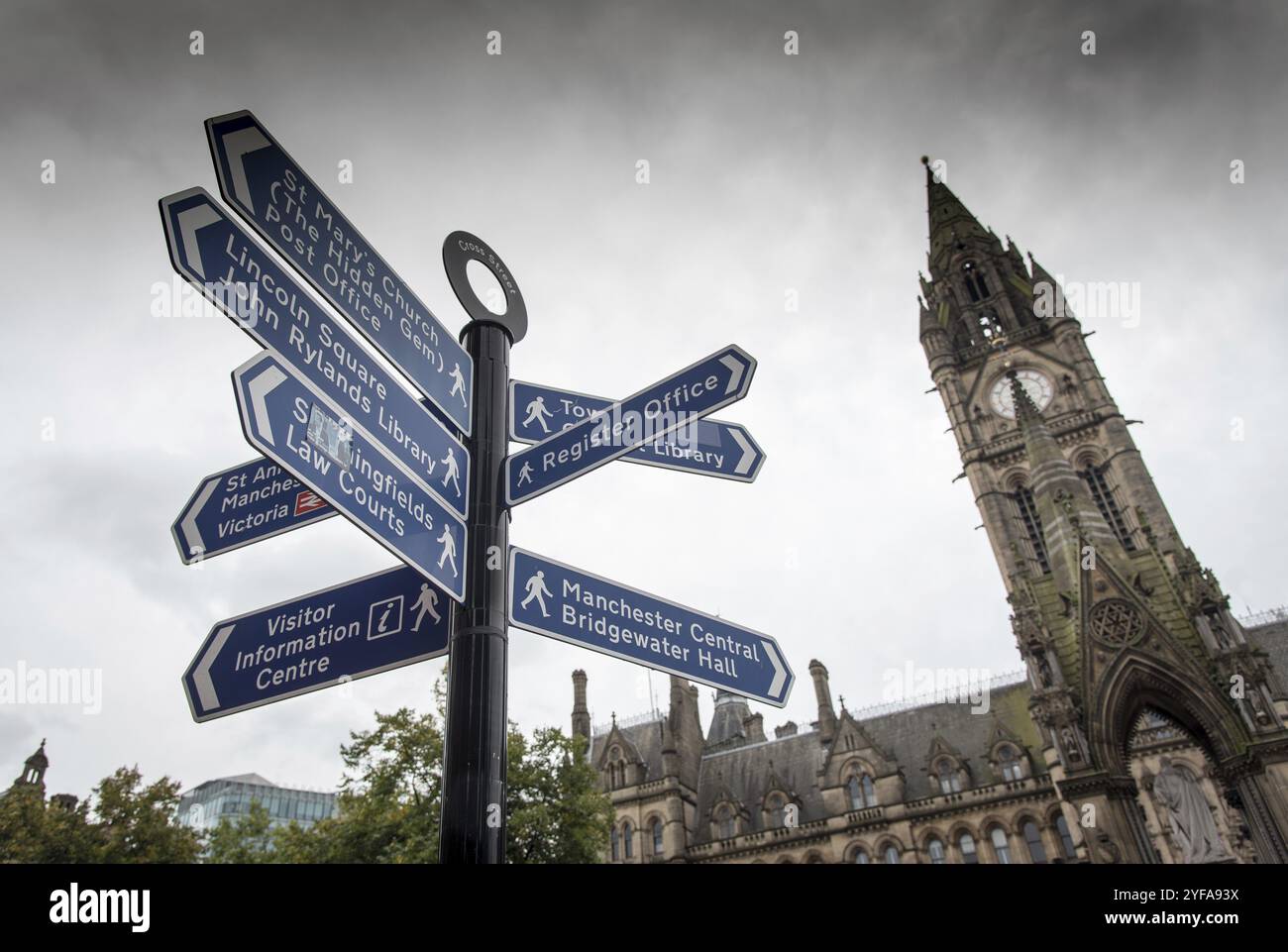 Road signpost with directive signs to the landmarks of Manchester city ...