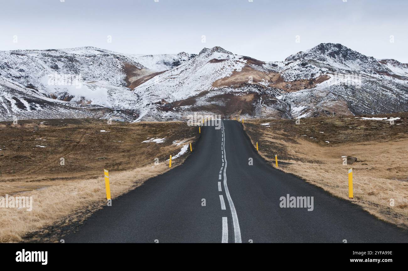 Rural empty straight road in reykjanes peninsula in Iceland with ...