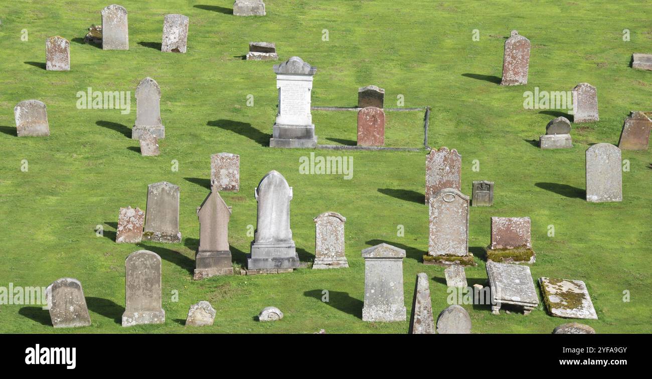 Graveyard with tombstones at famous Melrose Abbey cemetery in Scotland ...