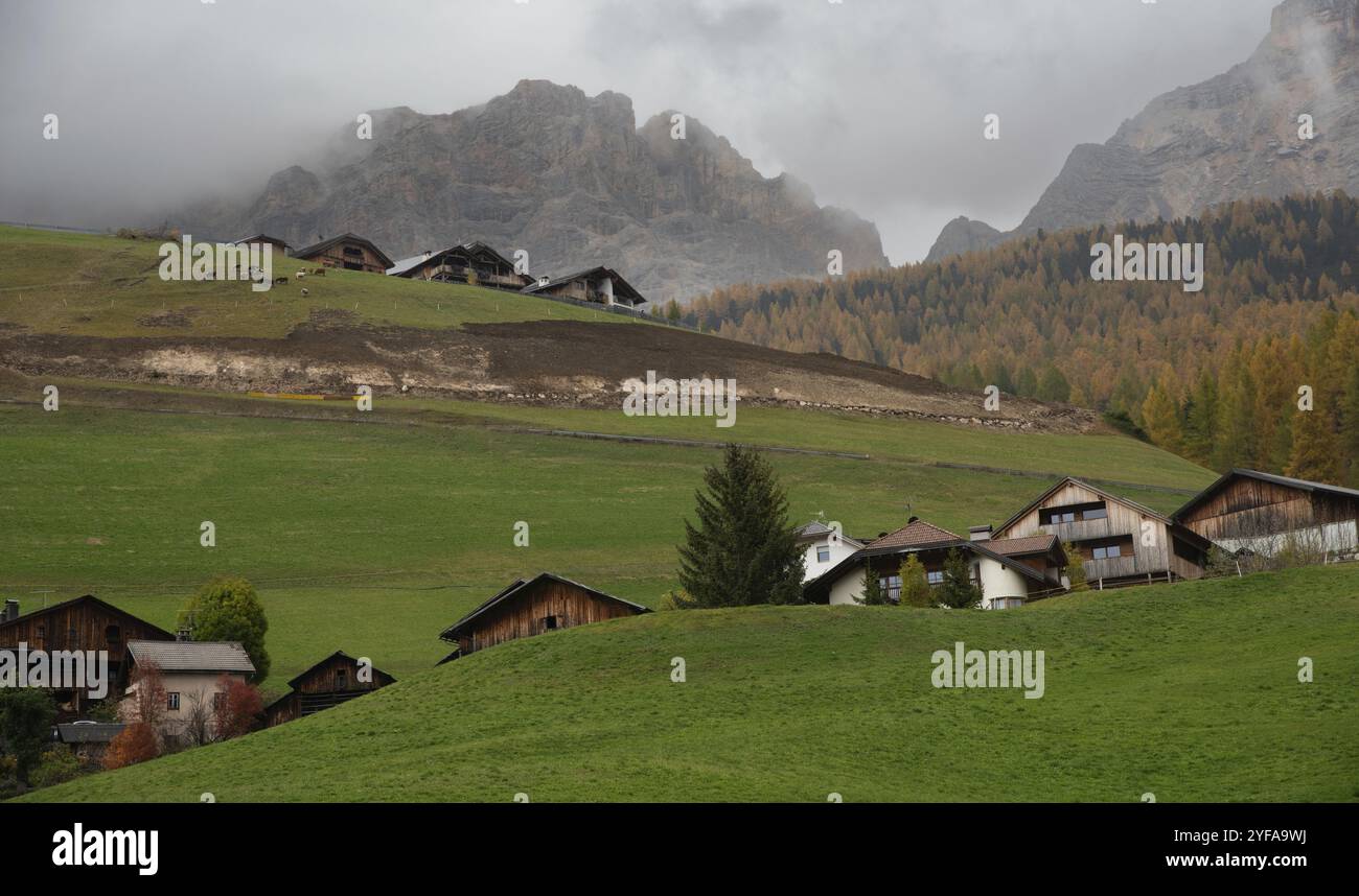 Traditional wooden cottage mountain houses in the green field in the ...
