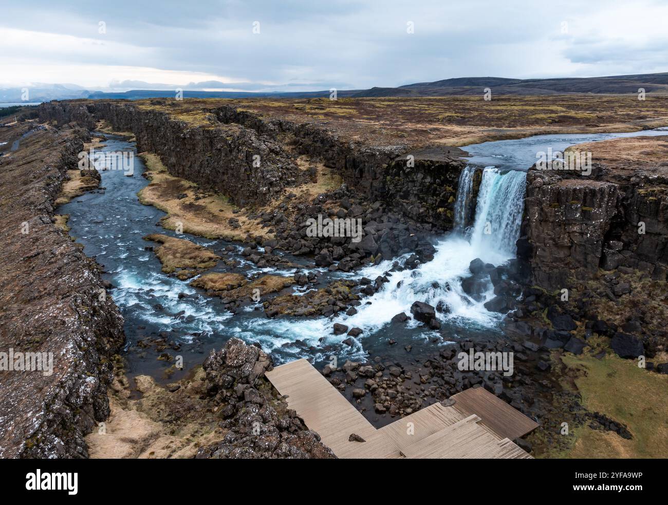 Aerial panorama of Oxarafoss waterfalls in Thingvellir National Park ...