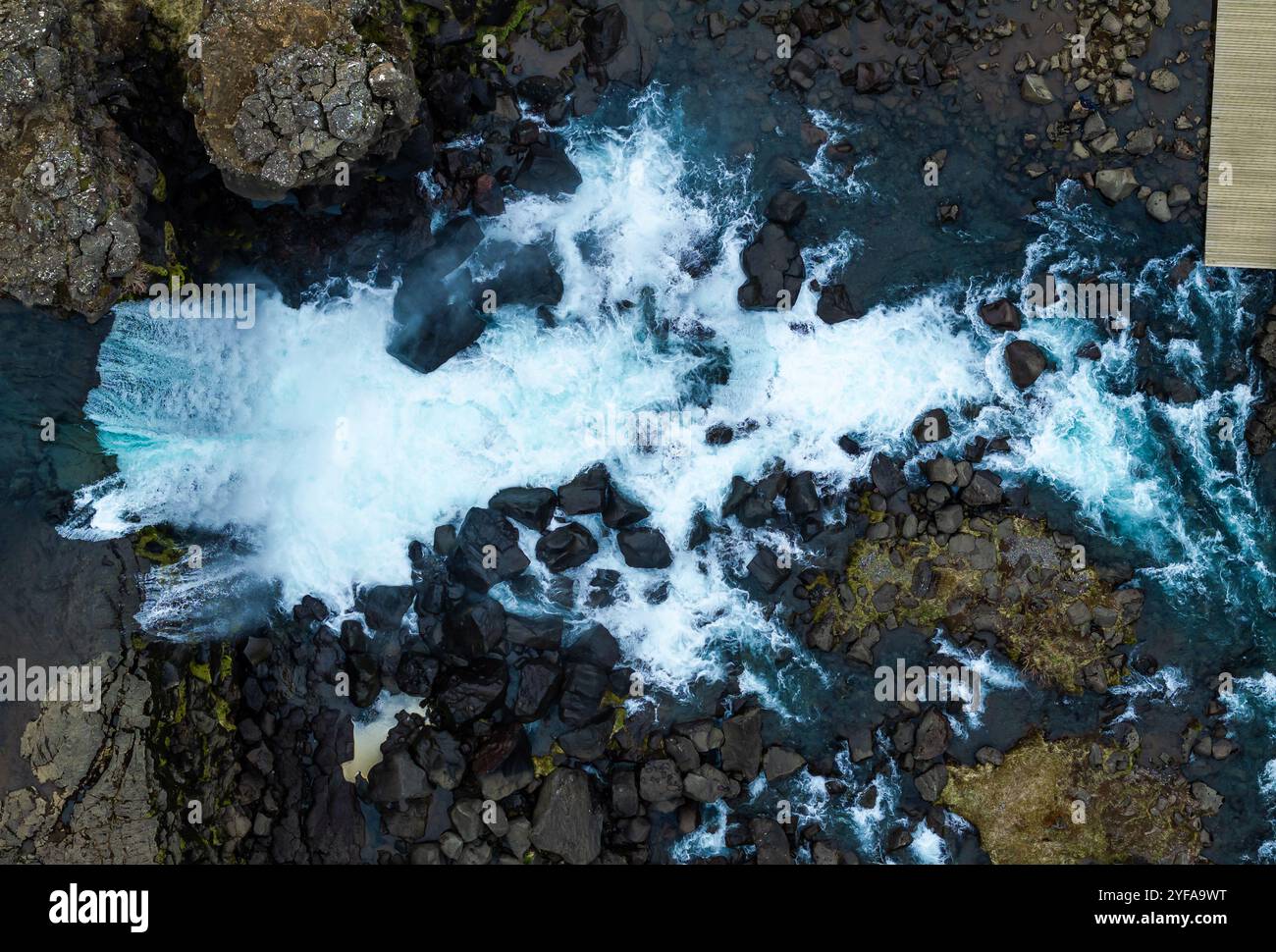 Aerial panorama of Oxarafoss waterfalls in Thingvellir National Park ...