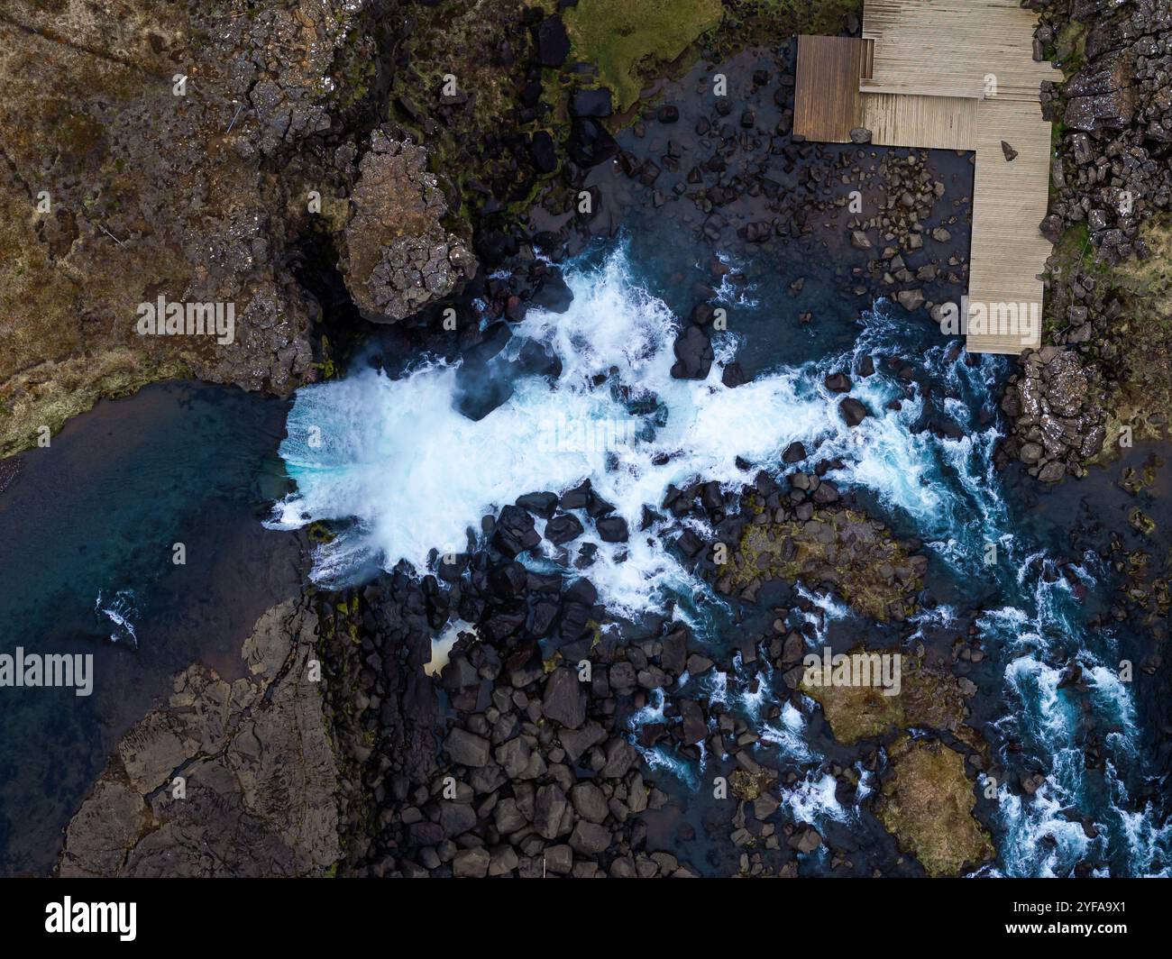 Aerial panorama of Oxarafoss waterfalls in Thingvellir National Park ...