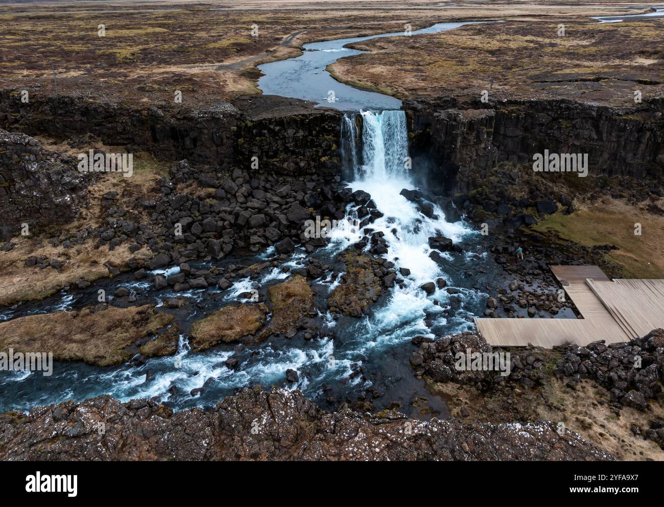 Aerial panorama of Oxarafoss waterfalls in Thingvellir National Park ...