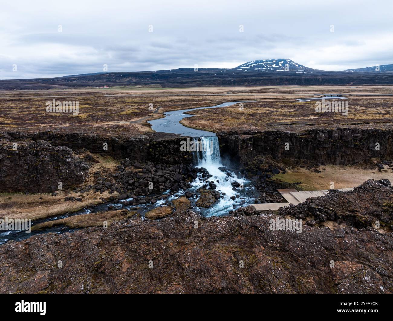 Aerial panorama of Oxarafoss waterfalls in Thingvellir National Park ...