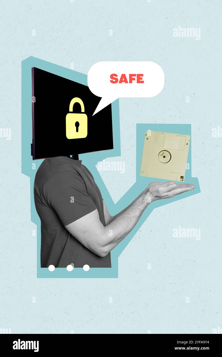 Vertical photo collage of anonym man instead head monitor screen hold ...