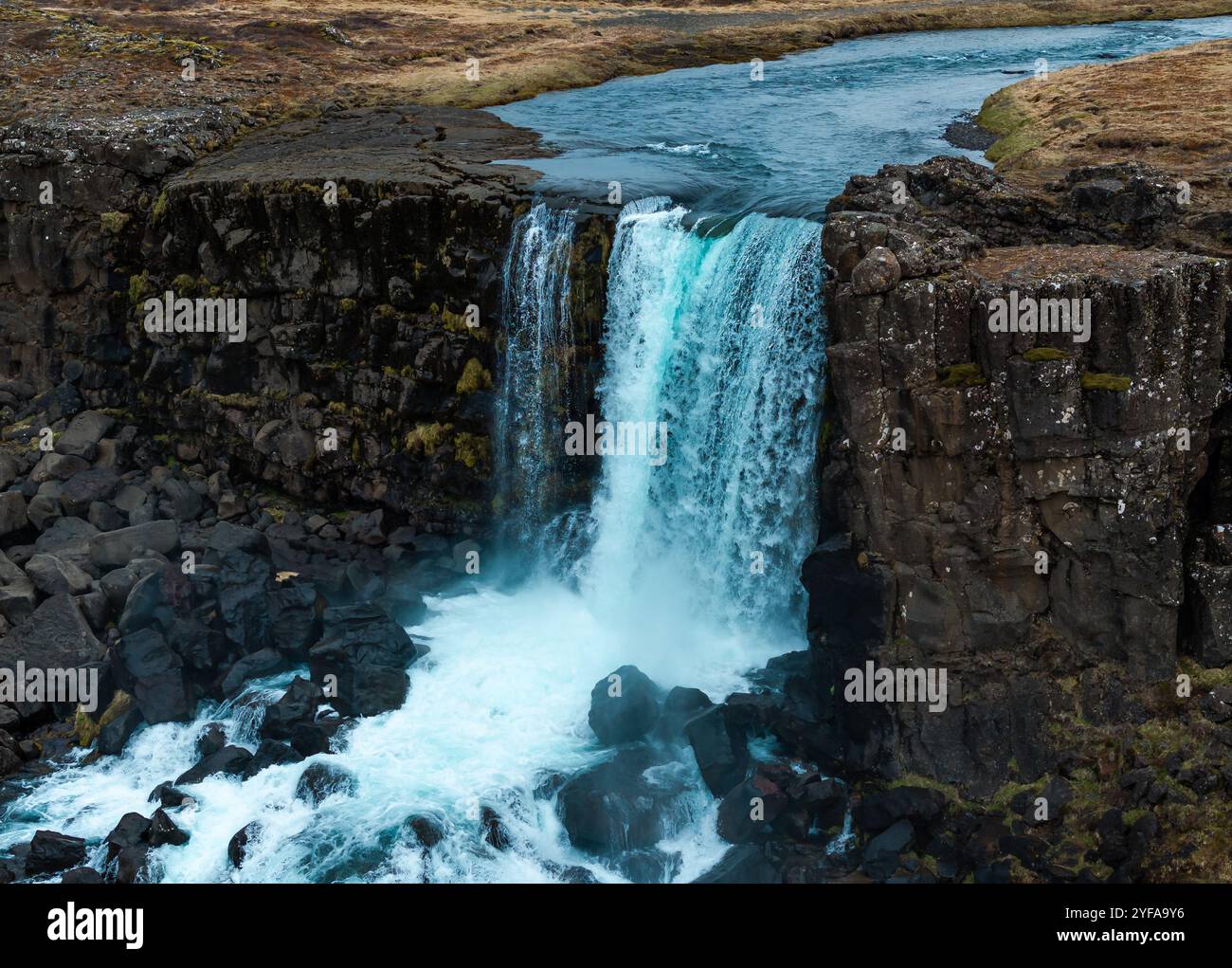 Aerial panorama of Oxarafoss waterfalls in Thingvellir National Park ...