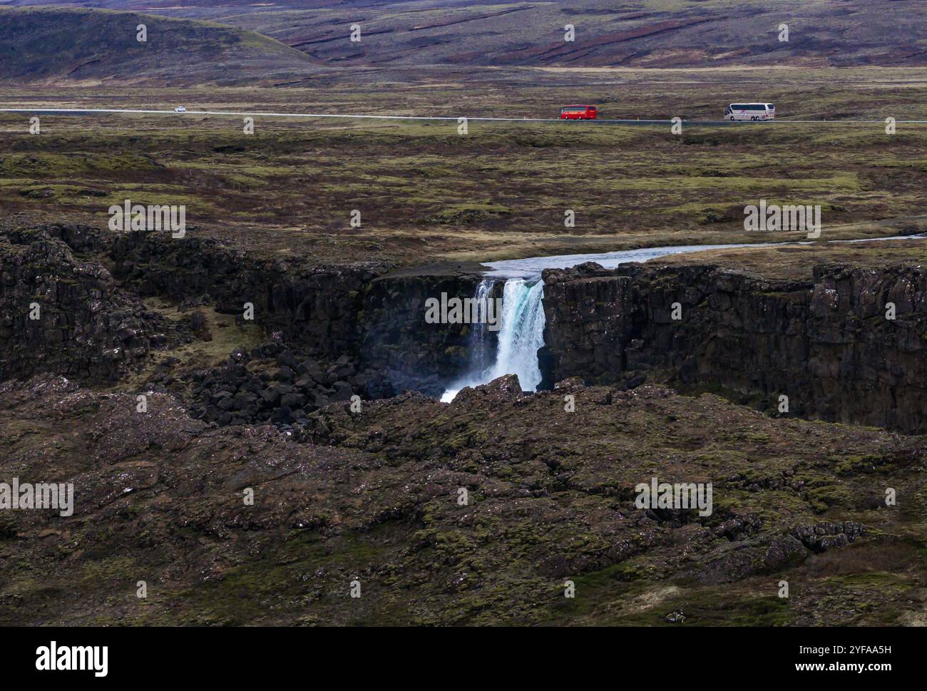 Aerial panorama of Oxarafoss waterfalls in Thingvellir National Park ...