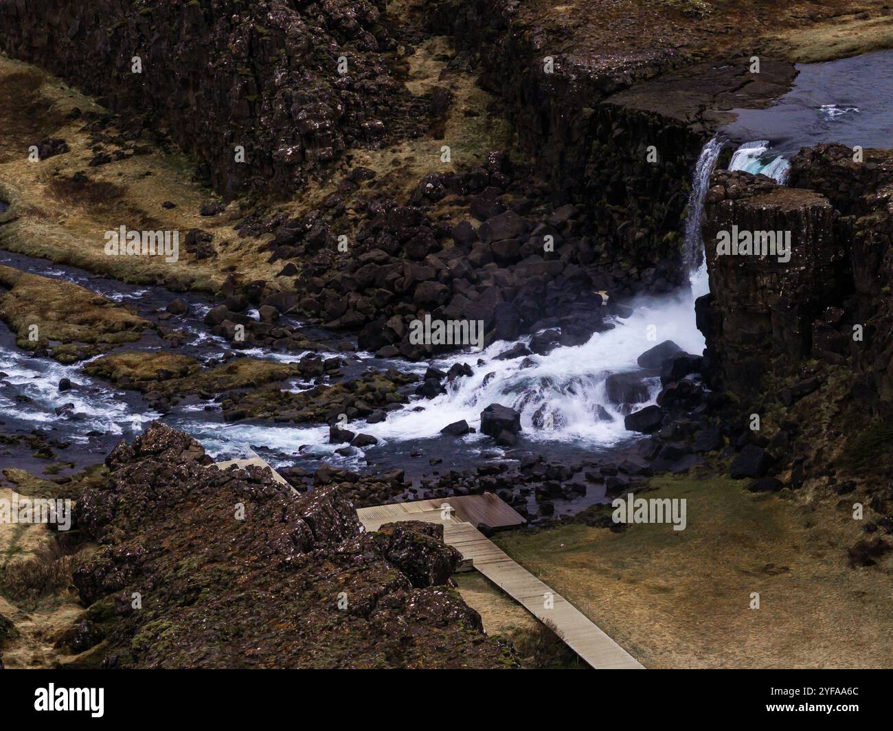 Aerial panorama of Oxarafoss waterfalls in Thingvellir National Park ...