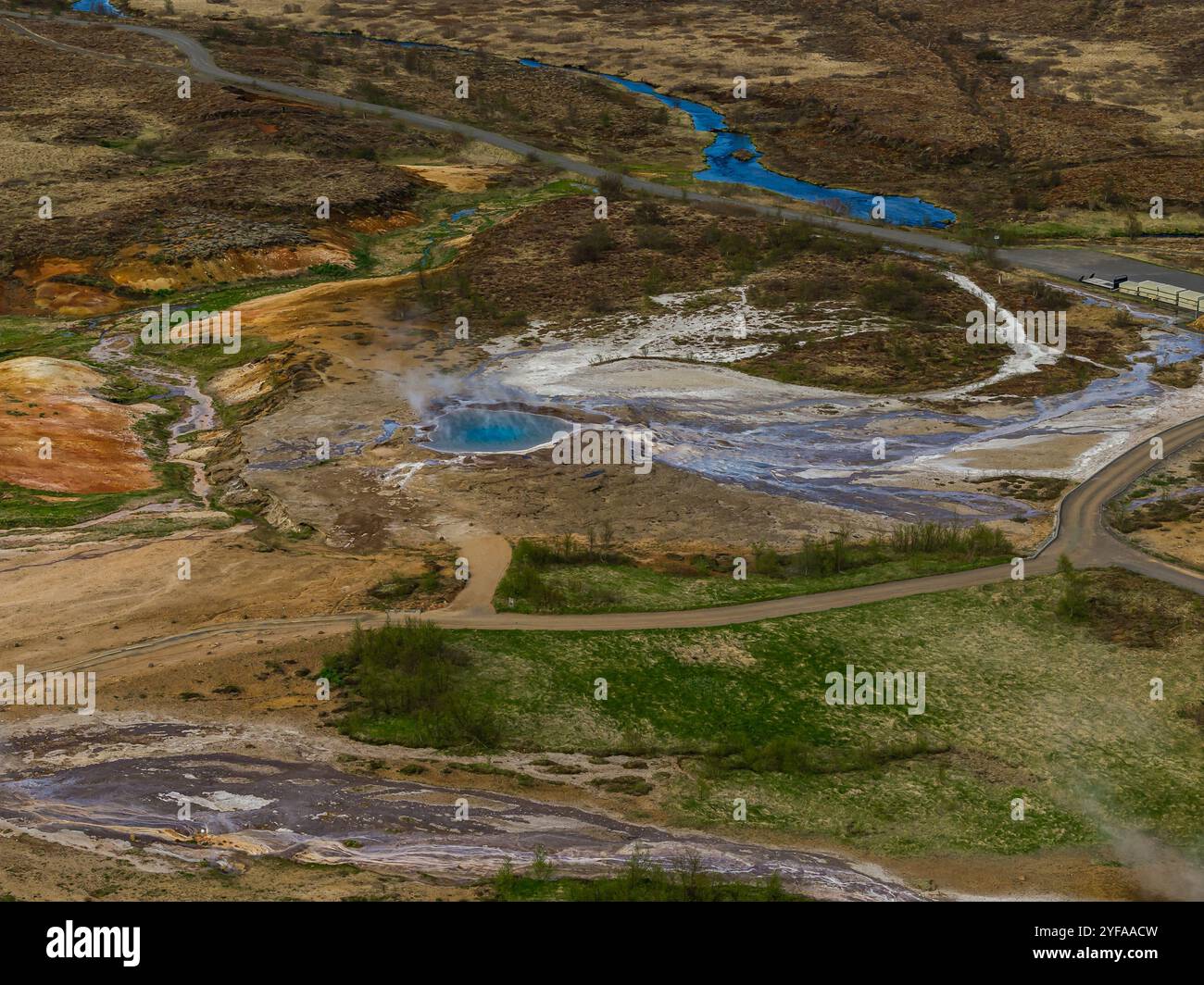 Aerial view of a geothermal hot spring in Strokkur Iceland, showcasing ...