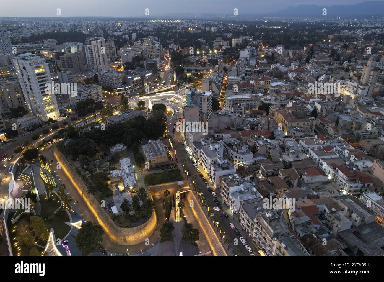 Aerial drone photograph of cityscape of Nicosia in Cyprus at sunset ...