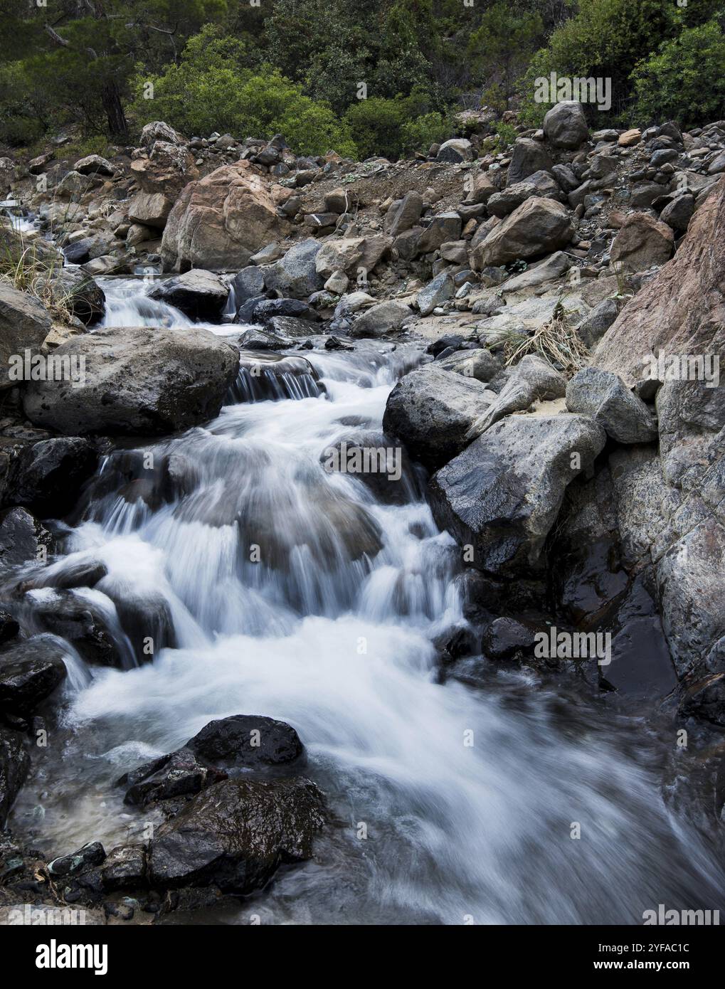 Water flowing in a river creating beautiful small waterfalls at Troodos ...