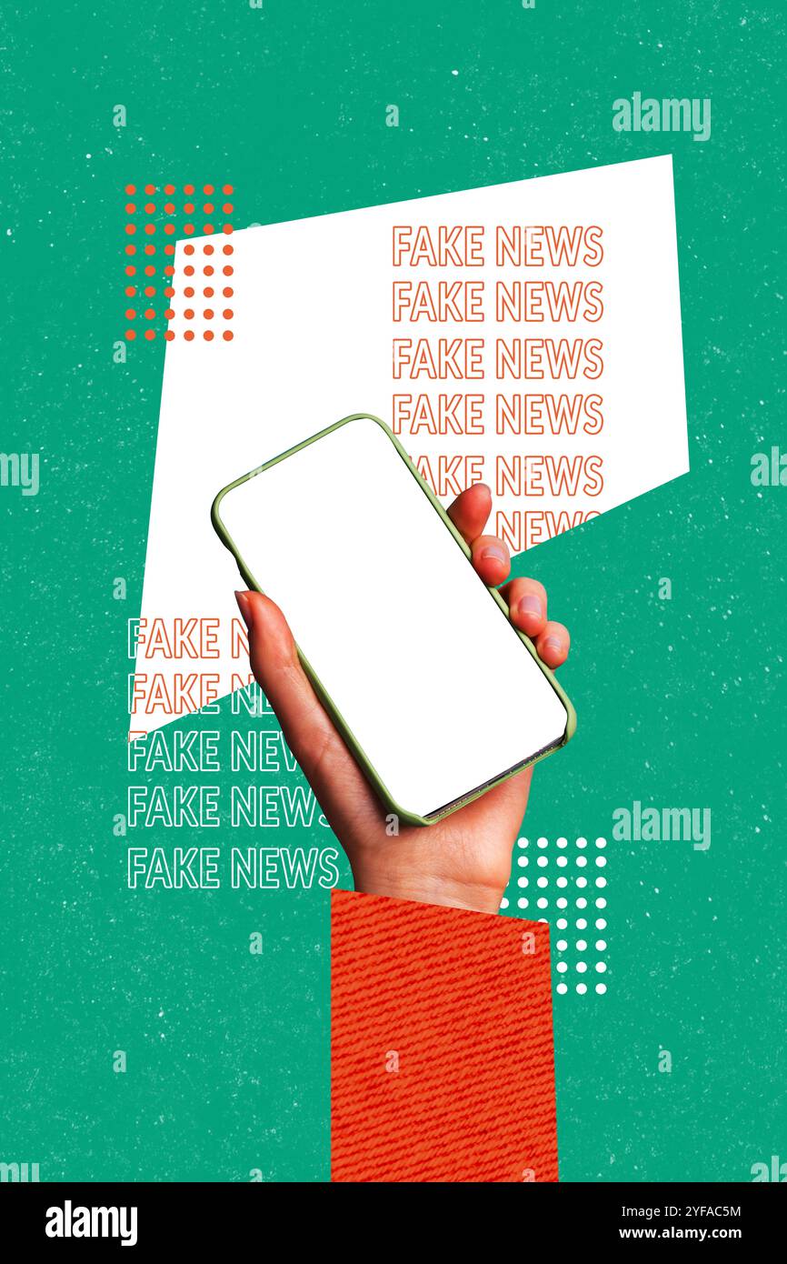 Vertical photo collage of hand hold phone device fake news propaganda ...