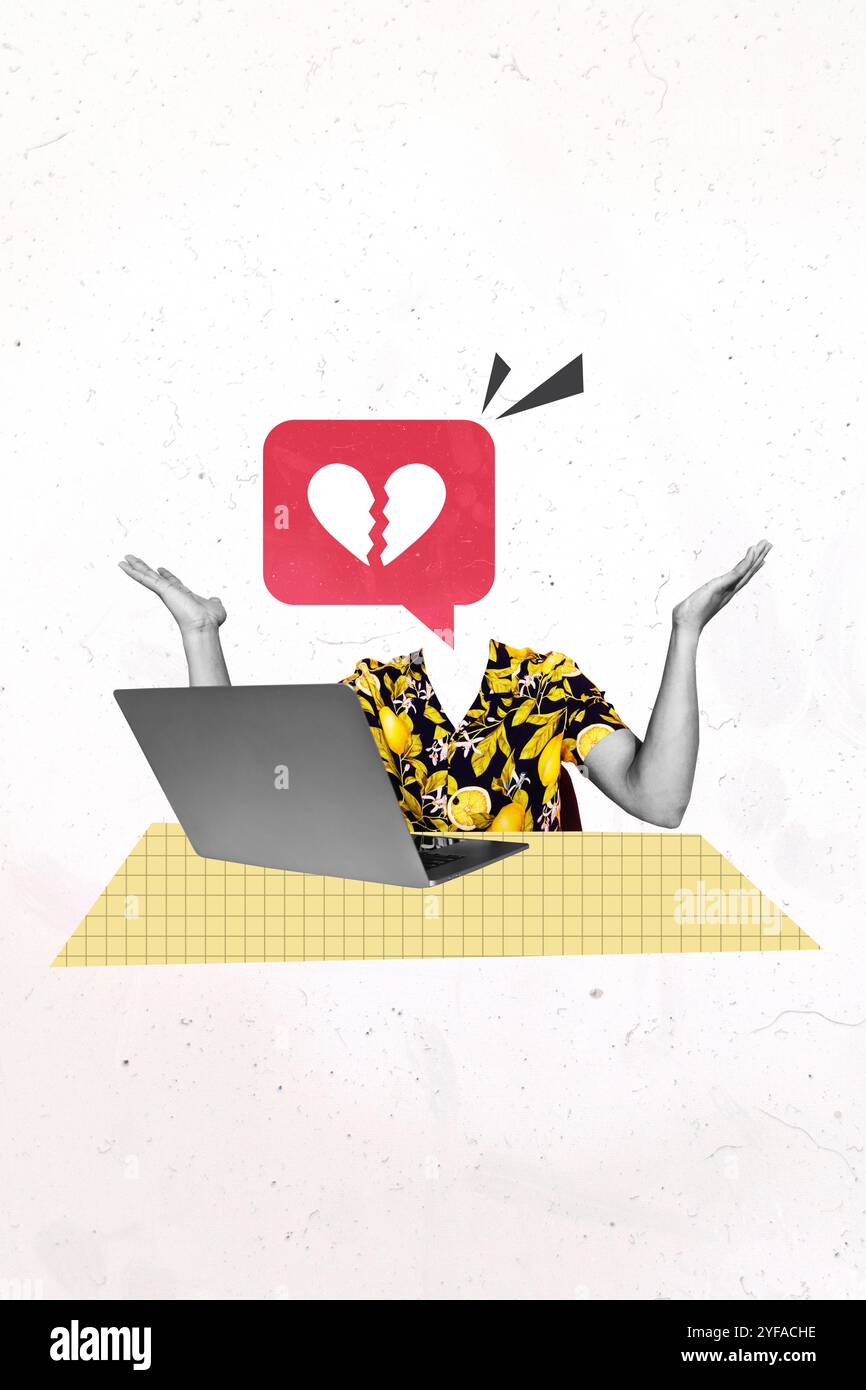 Vertical poster collage headless clueless man laptop digital device ...