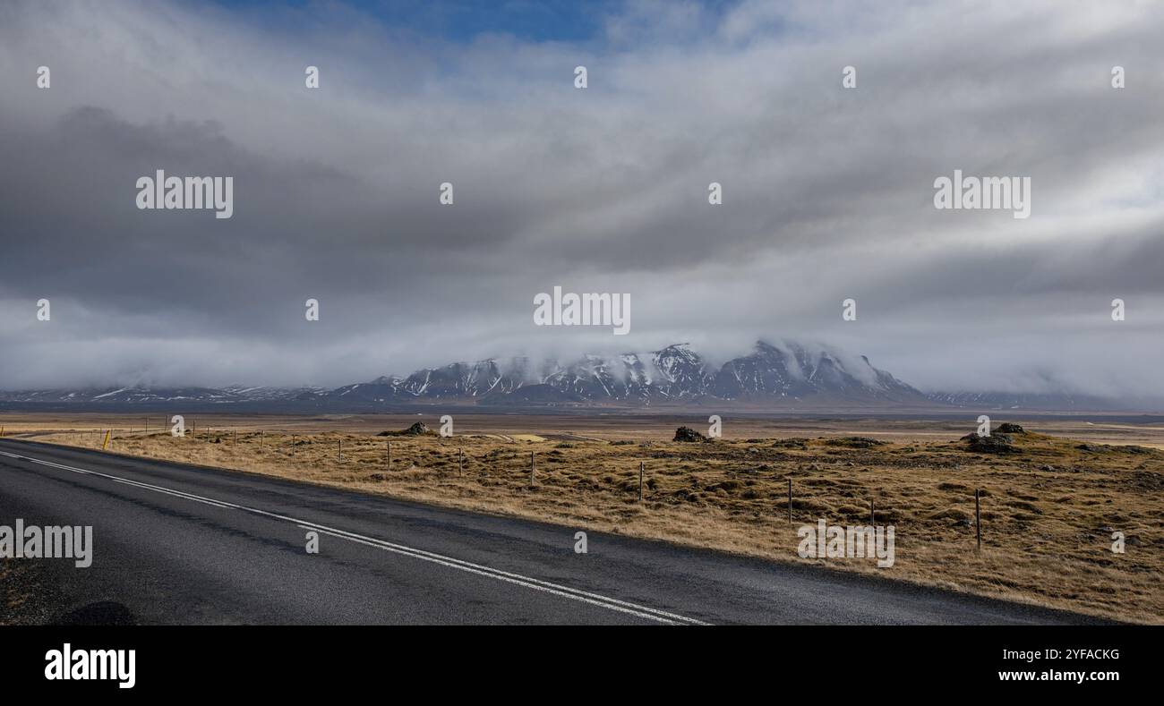 Empty highway countryside road spring Iceland Europe. Stormy sky ...