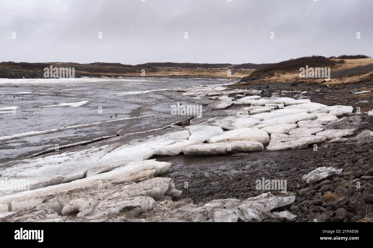 Typical Icelandic frozen lake with big ice cubes in the island of ...