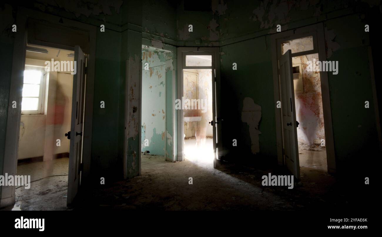 Silhouette of an unrecognised person walking alone through the open ...