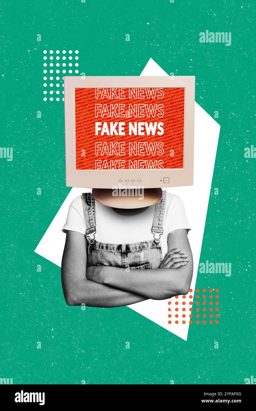 Vertical photo collage of anonym human instead head pc monitor fake ...