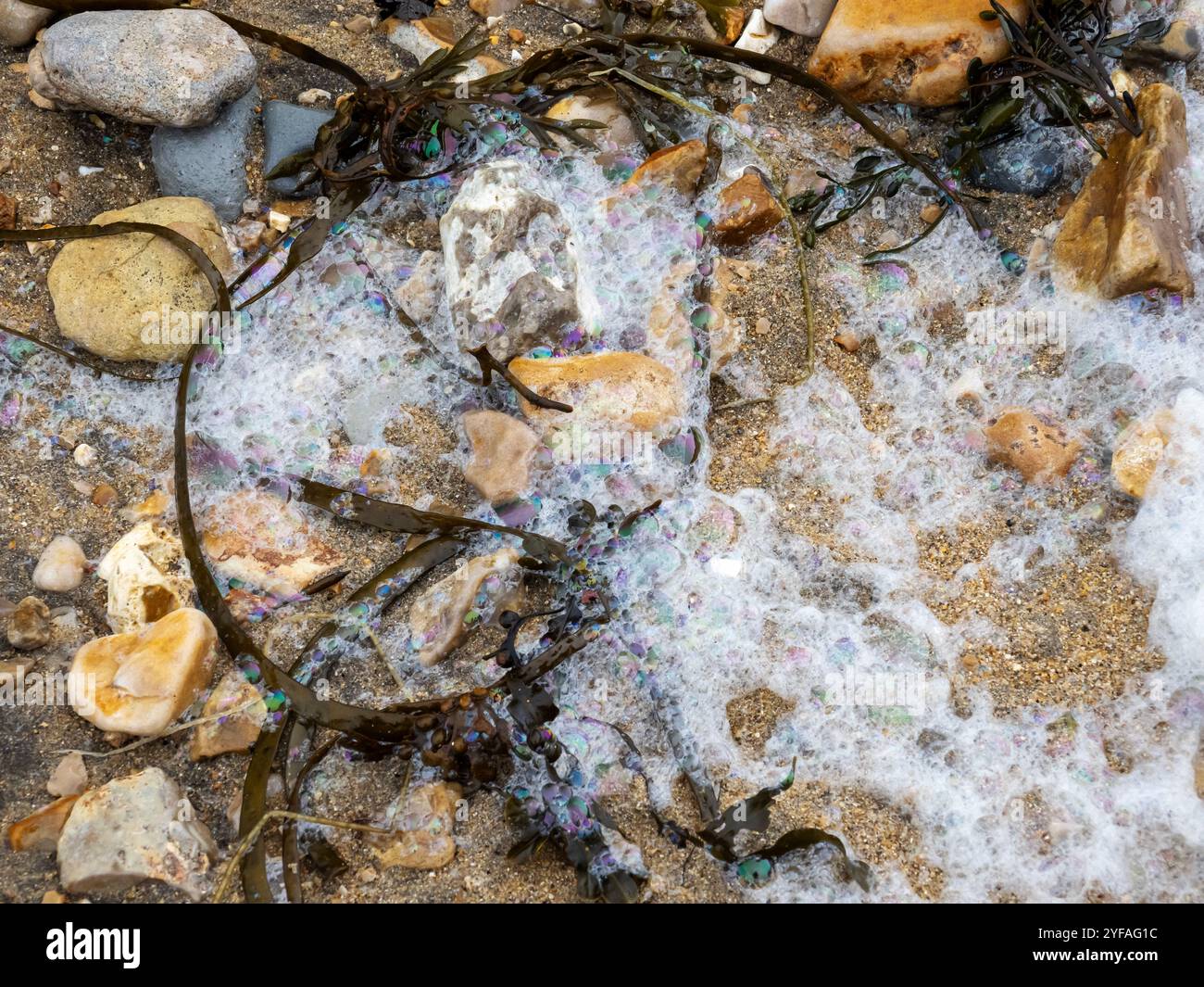 Rainbow colours refracted in bubbles of spume on the beach of Charmouth ...