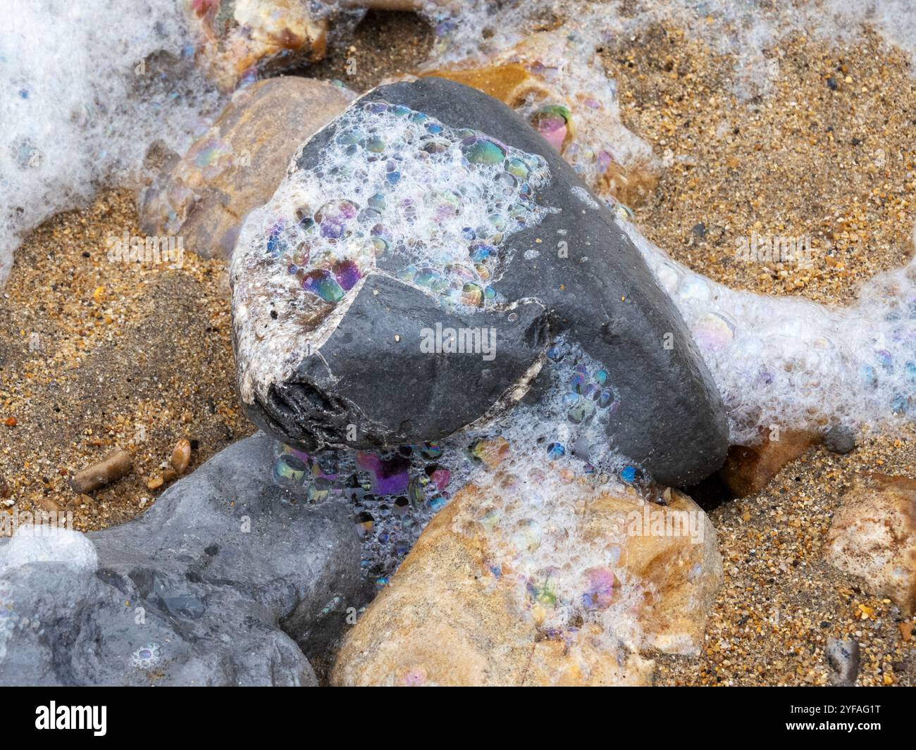 Rainbow colours refracted in bubbles of spume on the beach of Charmouth ...