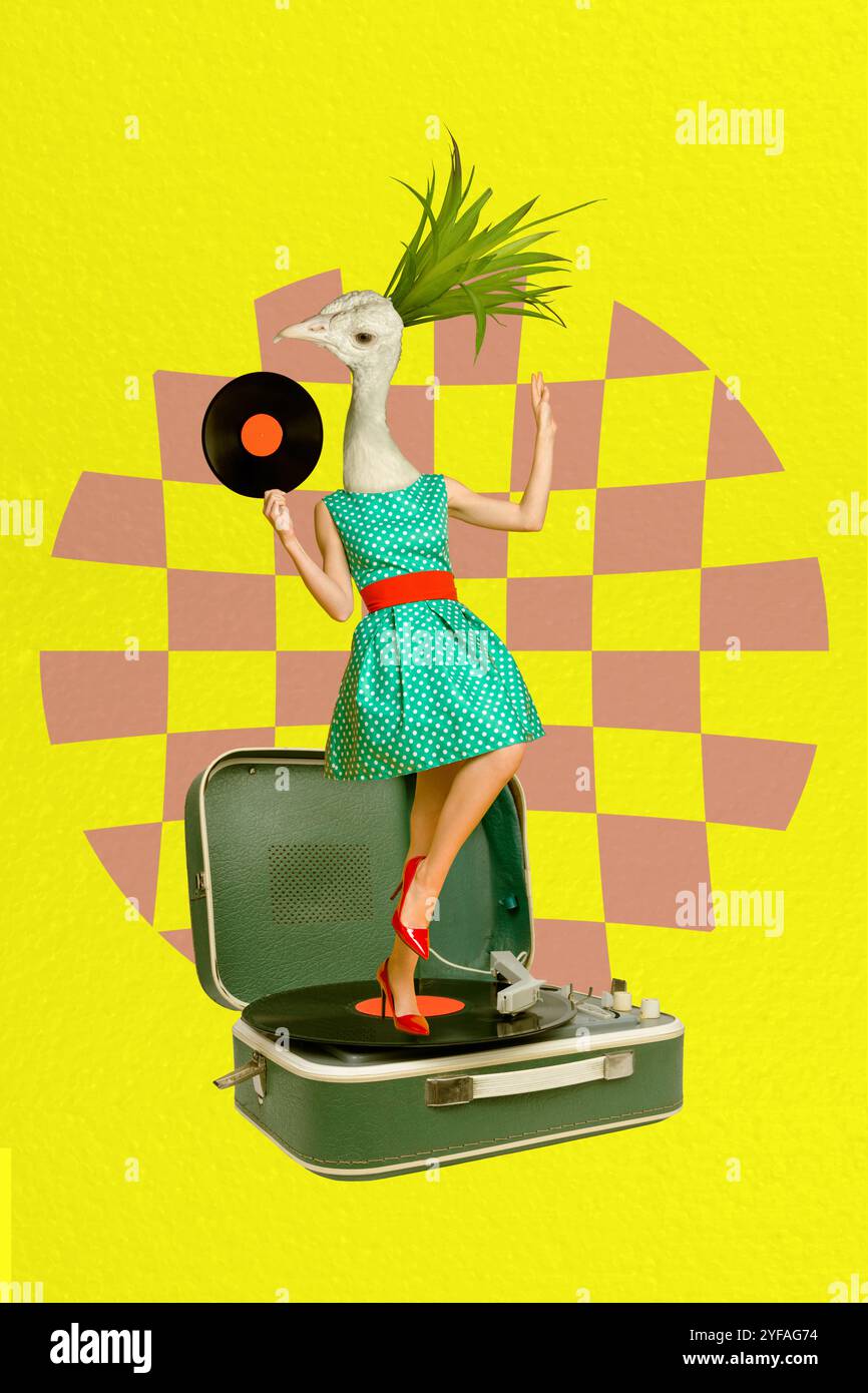 Vertical collage picture of funky chicken dancing female costume ...