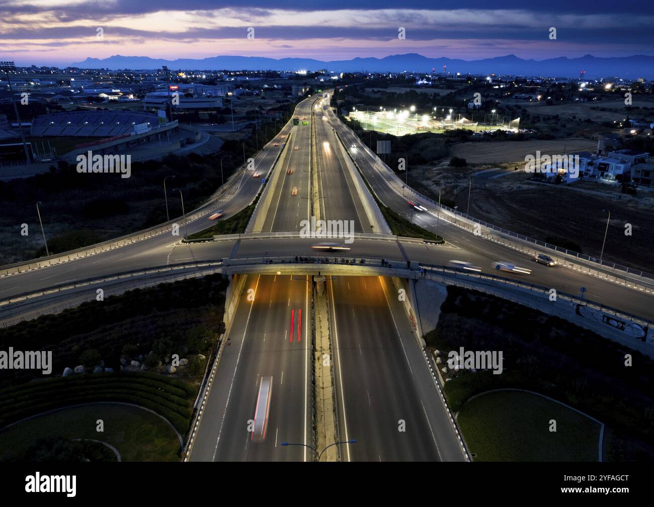 Aerial drone top view of a modern motorway junction roundabout with ...